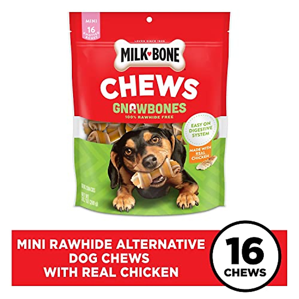 Milk-Bone Gnaw Bones Rawhide Free Dog Chew Treats, Chicken, 16 Mini Knotted Bones