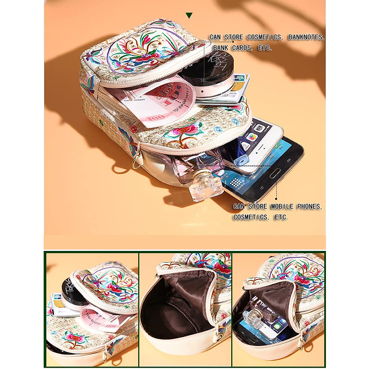 Canvas Crossbody Bag Cell phone Pouch Coin Purse for Women OR Girls Embroidery (HX15-Blue+Purple)