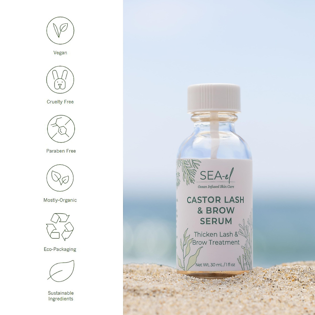 Sea El Castor Lash & Brow Serum Organic Castor Oil Rosemary Oil & Black Seed Oil Hair Conditioner - Eyelashes & Eyebrow Thickening & Growth Essentials for Women & Men - 1 fl oz Bottle