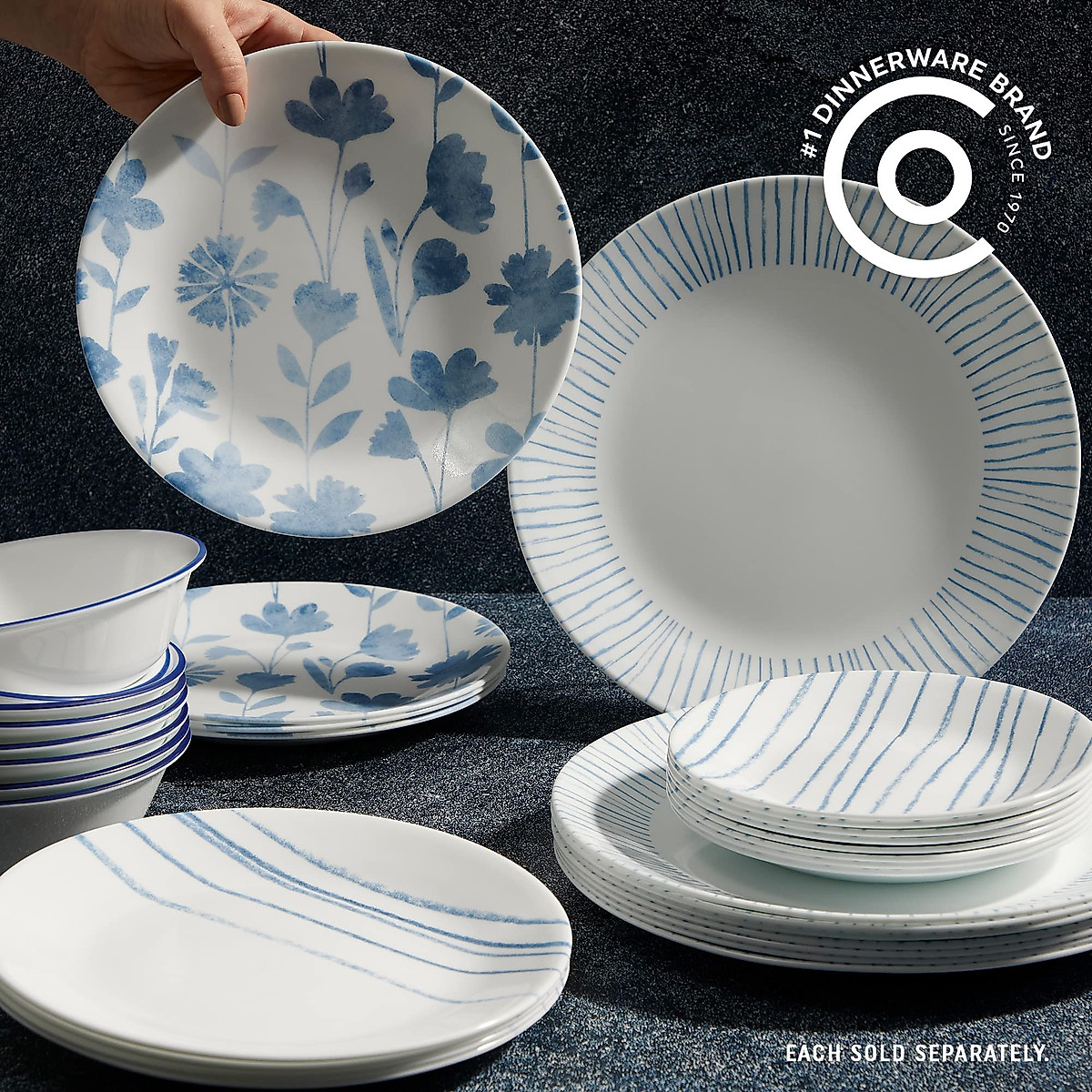 Corelle 6-Piece 10.25" Vitrelle Glass Dinner Plates, Lightweight, Chip/Scratch Resistant - Botanical Stripes