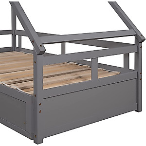 STP-Y Extending Daybed with Trundle Bed and Two Storage Drawers, Twin Size/King Size Solid Wood Daybed Frame, Wooden House Daybed for Teens Girls Boys, No Box Spring Needed, Easy Assembly, Grey