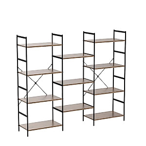 LIFUSTTG Triple Wide 4 Tier Bookshelf, Large Etagere Bookshelves and Bookcase Wood Metal, Industrial Book Shelf Open Display Storage Shelves for Living Room/Home Office