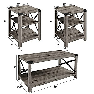 AMERLIFE 3 Pieces Farmhouse Table Set - Includes Coffee Table & Two End Table for Living Room - Grey Wash