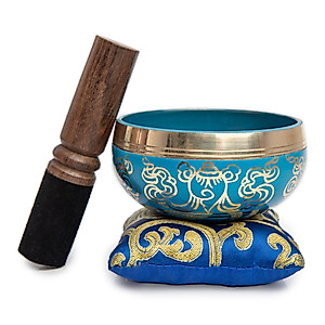 Tibetan Singing Bowl Set Blue - Easy To Play for Beginners - Authentic Handcrafted Mindfulness Meditation Holistic Sound 7 Chakra Healing Gift by Himalayan Bazaar