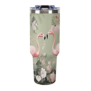 40 Oz Flamingo Insulated Stainless Steel Tumbler with Handle & Straw Lid, Reusable Travel Cupholder Friendly Mug for Coffee, Water, Tea