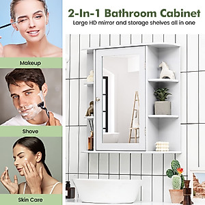 Giantex Mirrored Bathroom Medicine Cabinet - Wall Mounted Bathroom Hanging Cabinet with Single Door, 3 Adjustable Shelves, Storage Cabinet for Hallway, Living Room, Wall Cabinet Over Toilet (White)