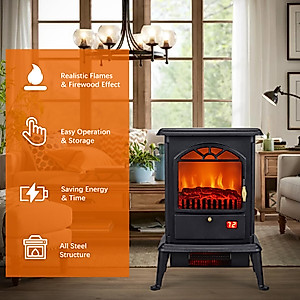 Besunbar 23 Inch Electric Fireplace Stove,Freestanding Electric Fireplace Heater w/Infrared Heating 1000/1500W,Log Set & Realistic Flame,Timer,Remote Control,Ideal for Home & Office,Black