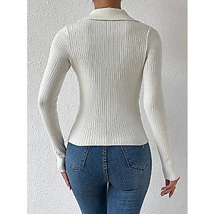 SHENHE Women's Casual V Neck Long Sleeve Knitted Pullover Polo Sweater Jumper Tops White L