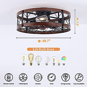 REDSTAR Retro Small Ceiling Fan with Light Remote Control, Ceiling Fans with Lights Flush-Mount, Low-Profile Ceiling Fan with Light, Caged Ceiling Fan with Light (Black)