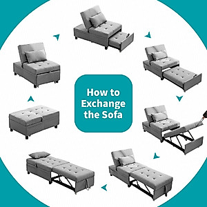BALUS 4-in-1 Sleeper Chair with Adjustable Backrest with Free Pillow, Pull Out Sofa Couch Bed with Memory Foam for Compact Living Room (No Assemble Need,Light Grey)
