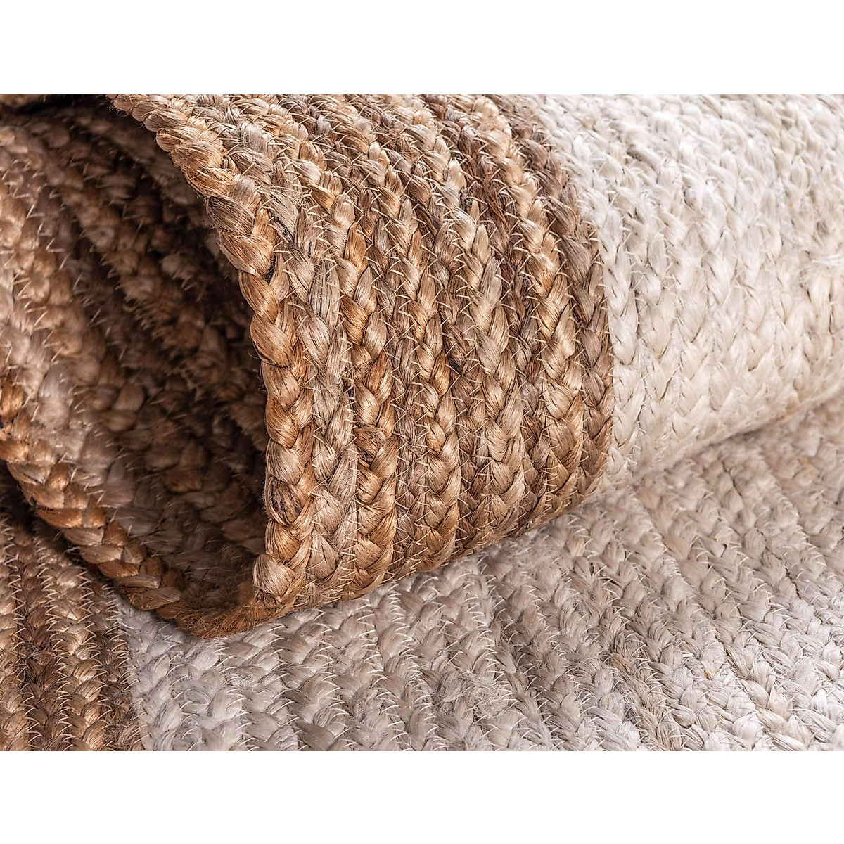 Unique Loom Braided Jute Collection Classic Quality Made Natural Hand Woven with Solid Color Detail, Area Rug, Rectangular 5' 0" x 8' 0", White/Beige