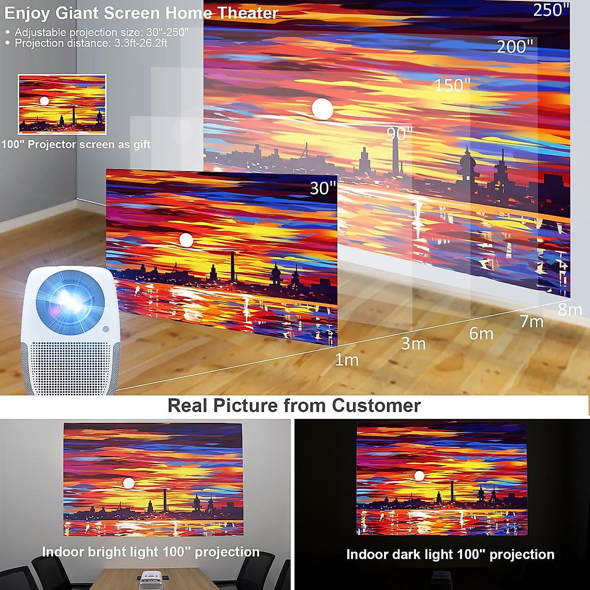 KECAG Projector with WiFi and Bluetooth, Native 1080P 9500L Video Projector with 100'' Projector Screen, Electric Focus, Portable Outdoor Movie Projector Compatible with Smartphone, TV Stick, HDMI