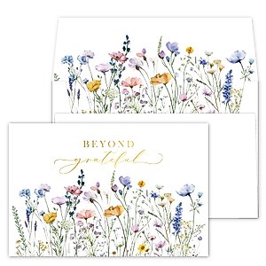 Gooji 4x6 Meadow Bloom Beyond Grateful Thank You Cards, Bridal Shower Thank You Cards, Wedding, Baby Shower, Birthday, Baptism, Small Business (Bulk 20 Pack) Watercolor Flower Design