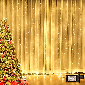 Twinkle Star 300 LED Window Curtain String Light for Christmas Wedding Party Home Garden Bedroom Outdoor Indoor Wall Decorations (Warm White)