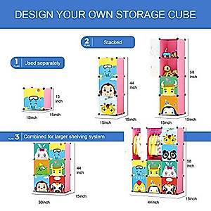 MAGINELS Children Wardrobe Kid Dresser Cute Baby Portable Closet Bedroom Armoire Clothes Hanging Storage Rack Cube Organizer,(Pink, 8 Cube & 2 Rod)