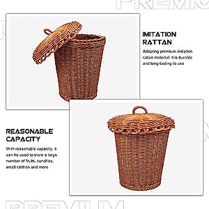 OUNONA Woven Storage Baskets with Lid: Round Wicker Waste Paper Basket Wastebasket Garbage Bin Trash Can for Bedroom Bathroom Kitchen Home Office