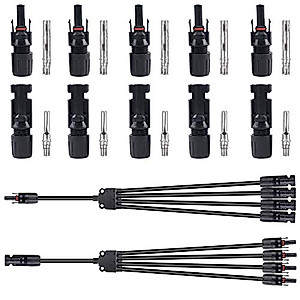 Glarks 22Pcs Cable Connectors Solar Panel Extension Adaptor Y Branch 1 to 4 Parallel Adapter Cable Wire Plug and 5 Pair Male/Female Solar Panel Cable Connector Set for Solar Panels (M/FFFF + F/MMMM)