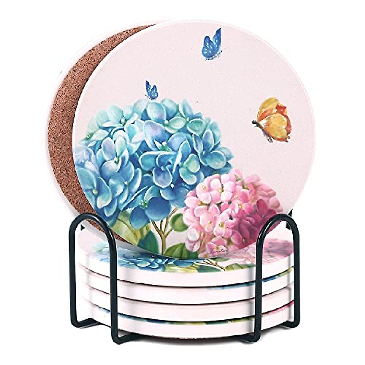 Newsparkle Hydrangeas Coasters,Flower Coasters,Floral Coasters Absorbent, Set of 6 Ceramic Cock Coasters,4 Inch