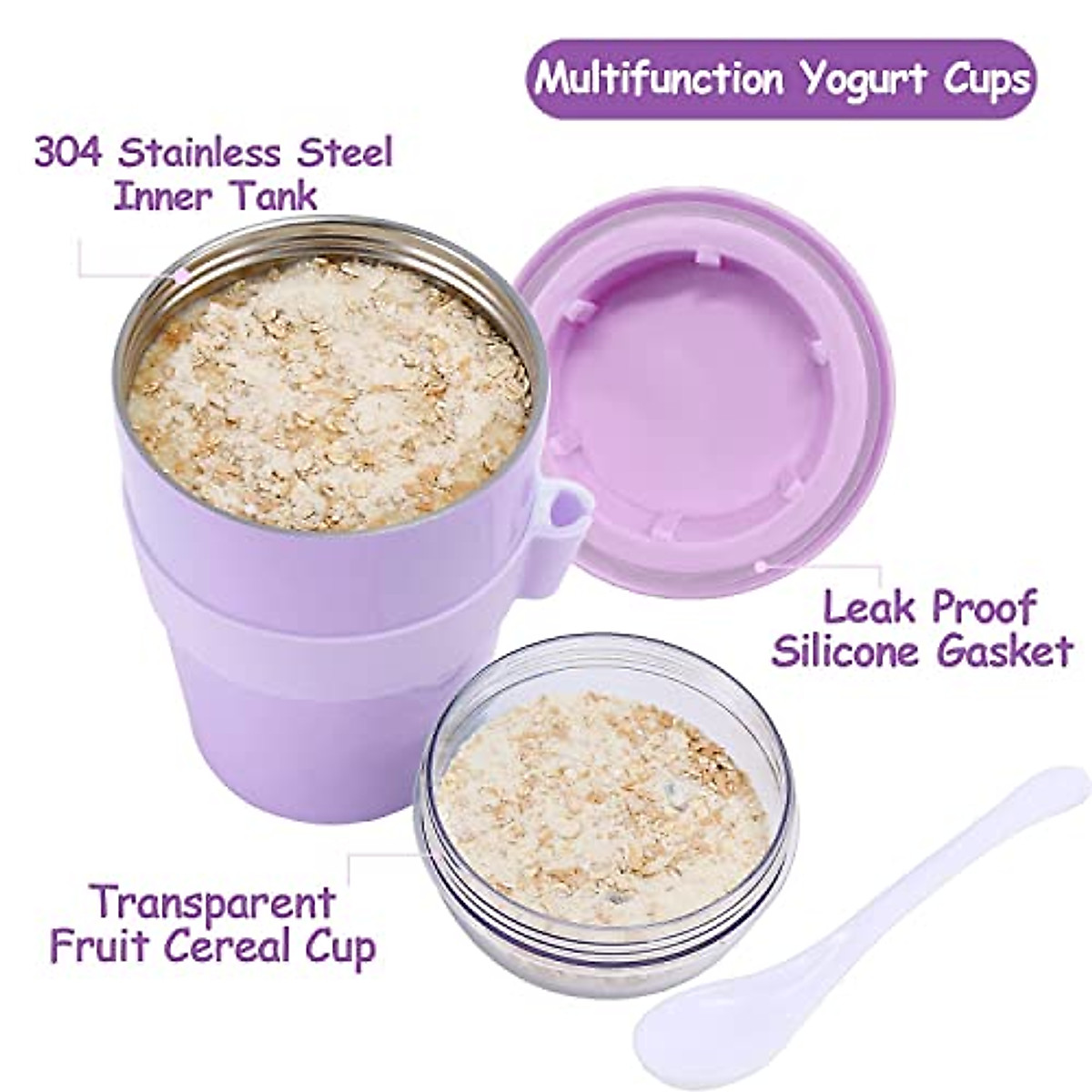 Wheelive Insulated Yogurt Container with Lid, Leak Proof Stainless Steel Parfait Cups with Lids and Reusable Plastic Spoon, 17oz Overnight Oats Containers with Lid On the Go, Dishwasher Freezer Safe