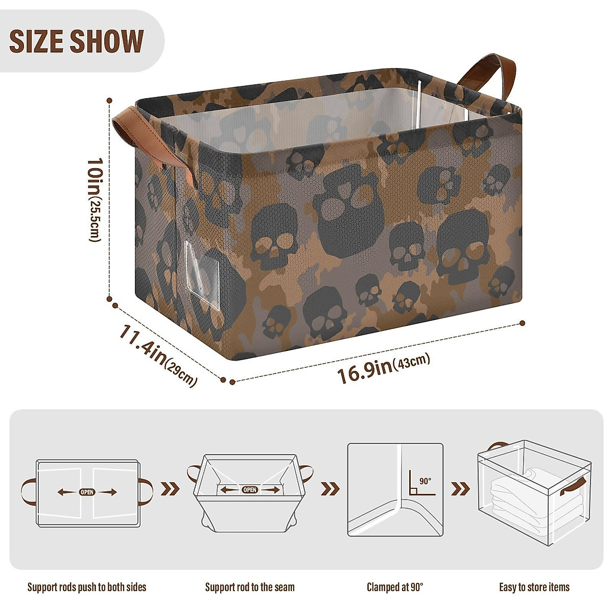 Skulls Camouflage Halloween Storage Bins for Shelves Waterproof Closet Storage Organizer with Leather Handles Foldable Storage Baskets Box for Organization Clothes Blankets 16.9x11.4x10 Inch