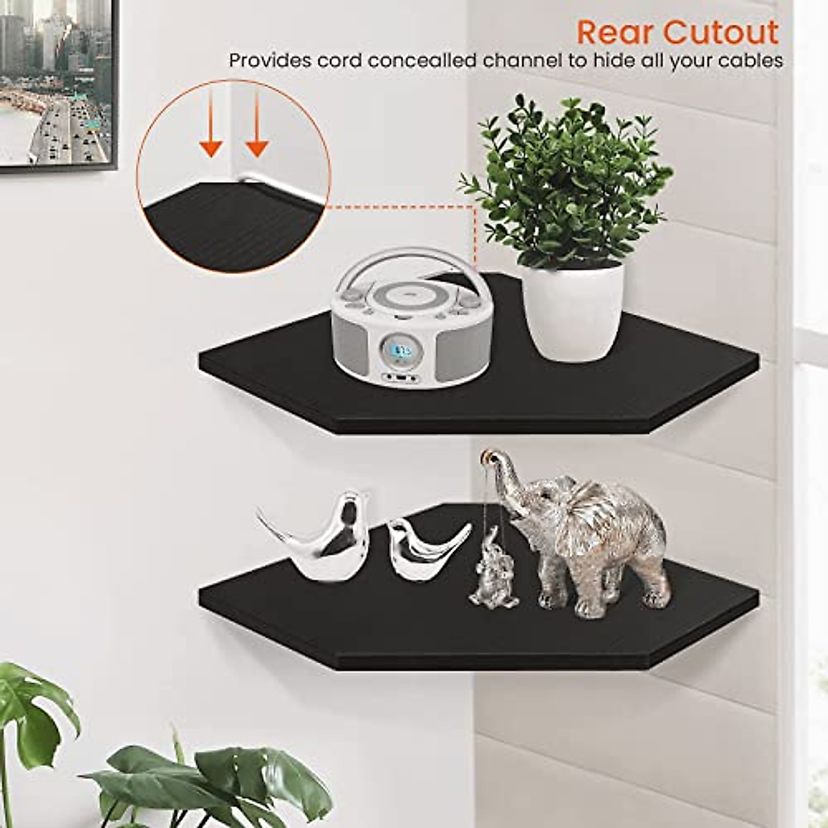 Homode Corner Shelf Wall Mount, Set of 2 Corner Floating Shelves with Wire Hole for TV, Cable Box, Wood Hanging Storage Shelf Organizer for Bathroom Kitchen Living Room Bedroom, Black