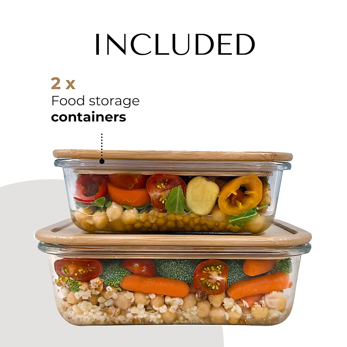 JS Gourmet 2 Pcs Glass Food Storage Containers with Bamboo Cutting Board and Airtight Lid, Ideal for Preparing and Storing Meals, Food, Fruits, Salad and more Ingredients (35oz and 51oz)