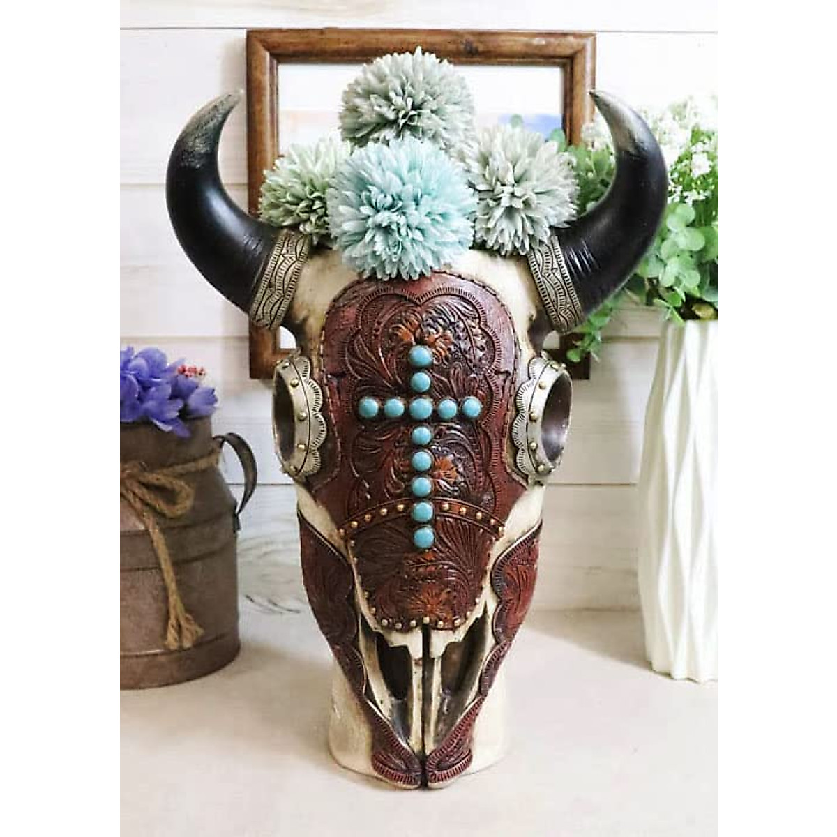 Ebros Gift Colorful Southwestern Native Indian Cow Skull with Turquoise Cross and Faux Tooled Leather Mask Desktop Floral Flower Vase Planter Figurine Wildlife Bisons Bulls Spirit Totem Accent