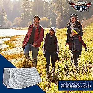 Leisure Coachworks RV Windshield Window Cover for Class C Ford 1997-2021 Motorhome Windshield Snow Cover for RV Front Window Sunshade Cover RV Accessories 4 Layers with Mirror Cutouts Silver
