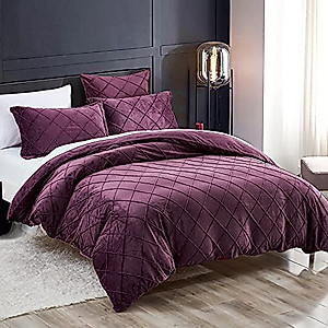 PHF Pleated Velvet Duvet Cover Set Queen, 3PCS Flannel Comforter Cover Set for All Season, Ultra Soft Cozy Velour Duvet Cover with Pillow Shams Bedding Collection, 90" x 92", Wine Red
