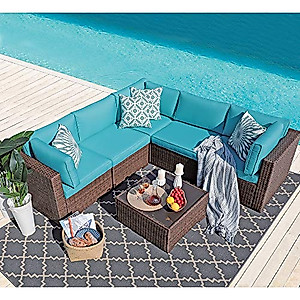 OC Orange-Casual 2 Piece Patio Sectional Furniture Set Outdoor Armchair & Middle Sofa with Brown Wicker & Turquoise Cushion for Backyard, Poolside, Garden