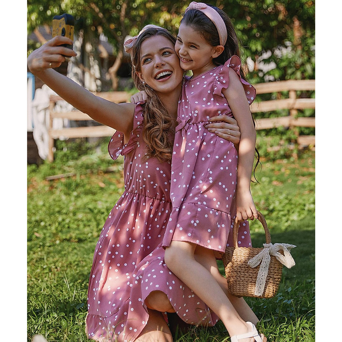 Focamia Pink V Neck Ruffle Short-Sleeve Splicing Butterfly and Floral Print Dress for Mom and Me (as1, Age, 6_Months, Pink Dots, 6 Months)