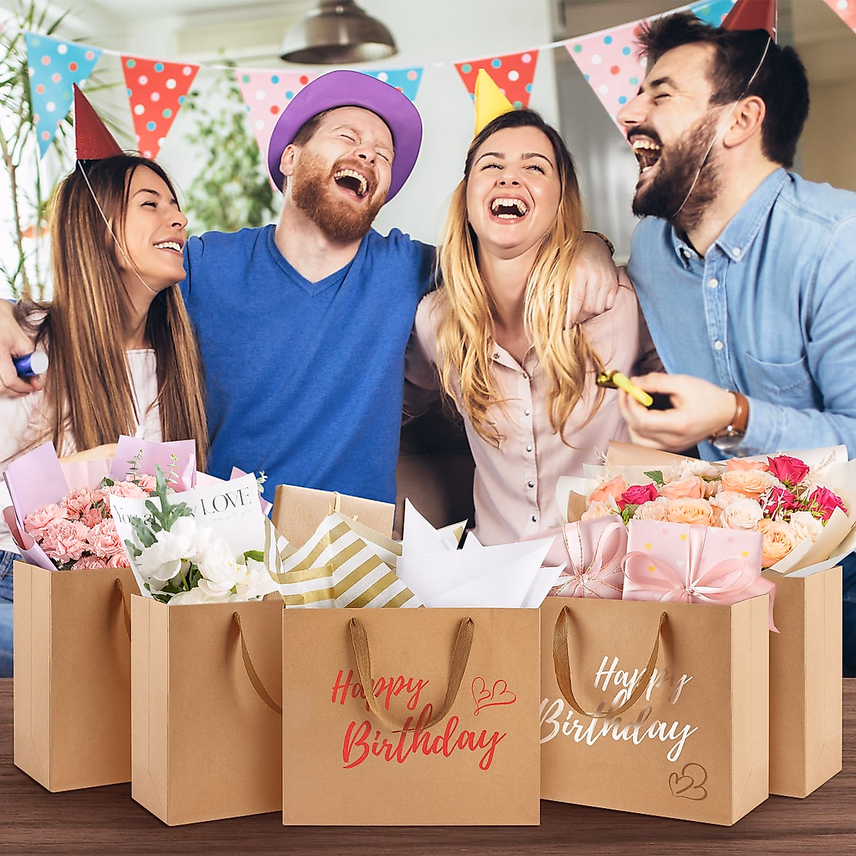 Ohuimrt 12 Pack 12" Large Gift Bags with Tissue Paper, Brown Kraft Paper Gift Bags with Ribbon Handles for Holiday Shopping Retail Merchandise Business, 12.5 x 4.5 x 11 Inches