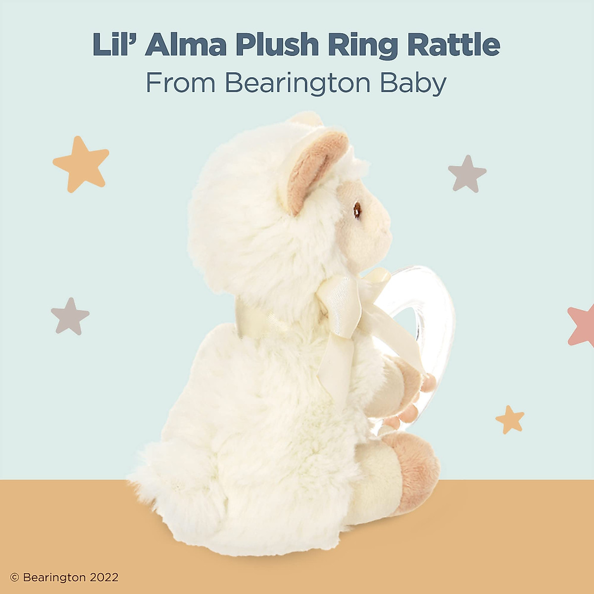 Bearington Baby Lil’ Alma Stuffed Animal Rattle: 5.5” Llama Shaker Toy with Soft Plush Faux-Fur, Satin Bow, Clear Ring and Moving Beads; Makes a Great Baby Shower Gift