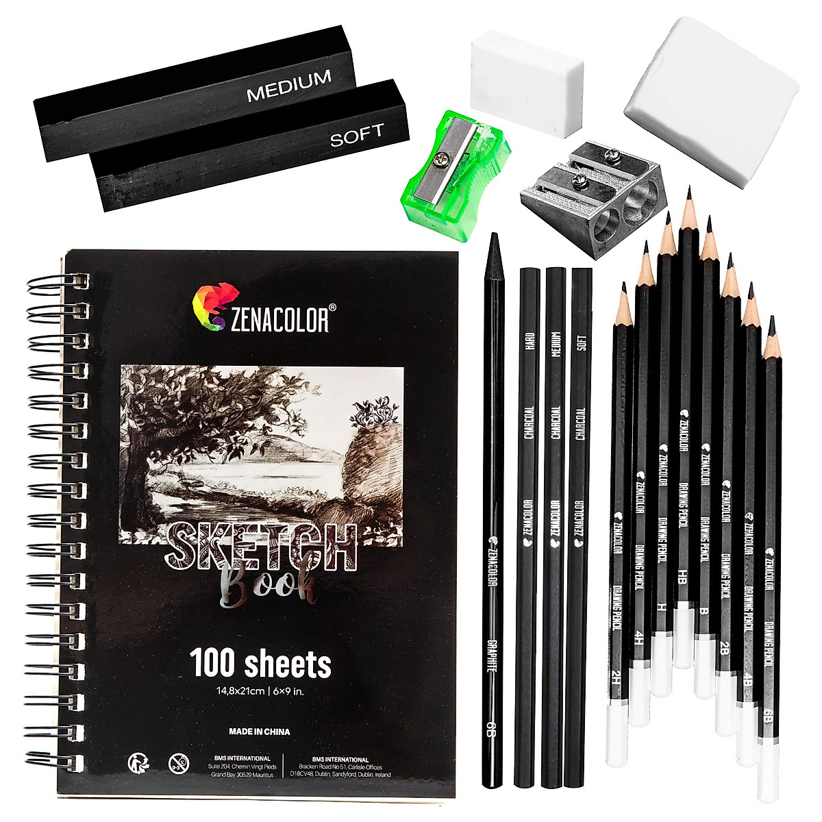 Zenacolor - Drawing Set, Sketch Kit for Beginners or Professional - Sketching kit with Sketchbook, 8 Drawing Pencils, 3 Charcoal Pencils, 1 Graphite Pencil, 2 Charcoal Sticks