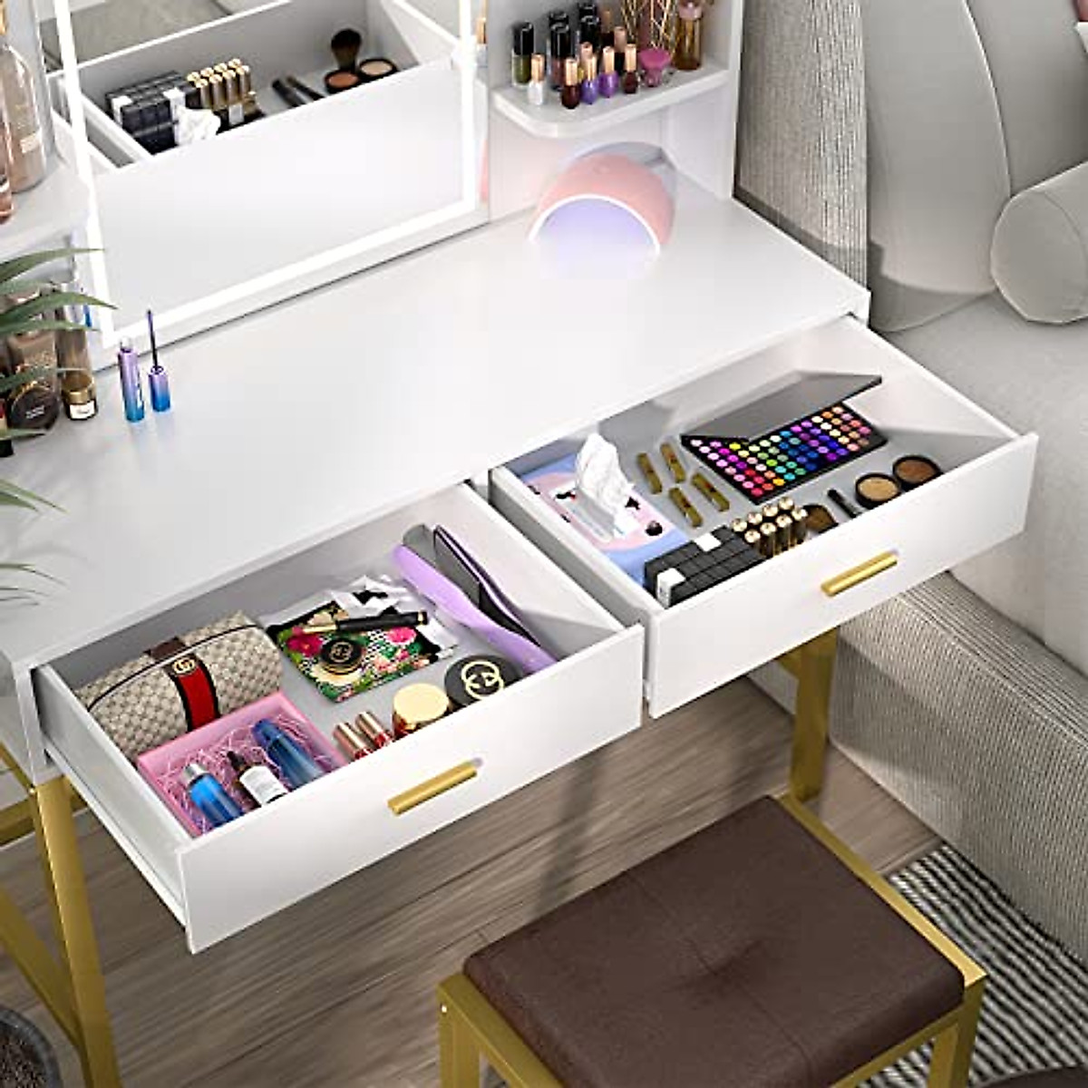 armocity Vanity Desk with Mirror and Light, Makeup Vanity with Cushioned Stool, Vanity Table Set with 3 Color Lighting Options, Modern Dressing Table with 2 Storage Drawers for Bedroom, White