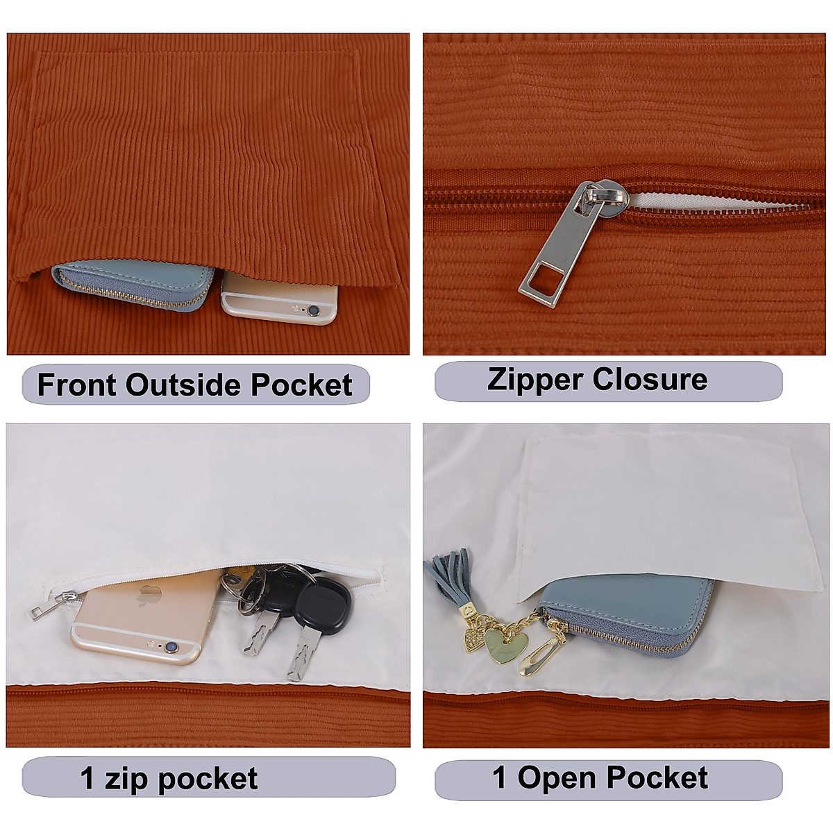 ALUWU Corduroy Tote Bag for Women Corduroy Purse with Front Pocket and Zipper Shoulder Hobo Handbags Simple Canvas Purse, Brown