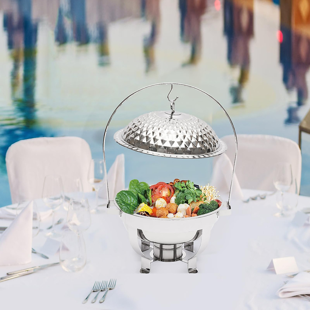 Chafing Dish Buffet Set Gold/Silver,4.5L Round Stainless Steel Chafer, Buffet Servers and Warmers Set Warming Tray for Wedding, Parties, Banquet, Events (Silver)