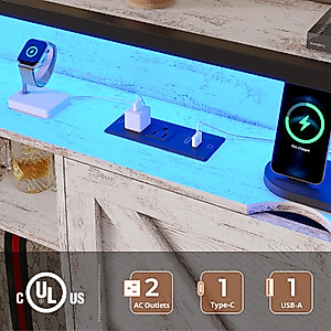 BTHFST Queen Bed Frame with Headboard & Drawers, Farmhouse LED Queen Bed with USB-C/A Charging Station, Headboard with Hidden Storage, No Box Spring Needed, Washed Oak Grey