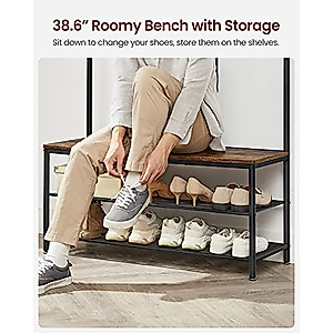 VASAGLE Coat Rack Shoe Bench with Mirror, Hall Tree with Bench and Shoe Storage Shelves, 15 x 38.6 x 70.9 in, Bedroom Living Room, Industrial Style, Rustic Brown and Black UHSR415B01