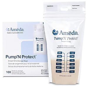 Ameda Pump'N Protect Breastmilk Storage Bag 6oz, 100pc, Baby Essentials, Breastfeeding Supplies, Resealable Breast Milk Storage Bags for Refrigerator or Freezer, BPA Free