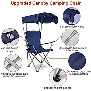 TeqHome Camping Chair with Canopy, Outdoor Folding Lounge Chair with Adjustable UPF 50+ Sun Shade & Cup Holder, Portable Camping Recliner for Camp Beach Outdoor Sports, 350LB Max Support - U.S Spot
