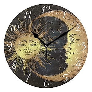 AHOMY Round Wall Clock Boho Sun and Moon Stars Home Art Decor Non-Ticking Numeral Clock for Home Office