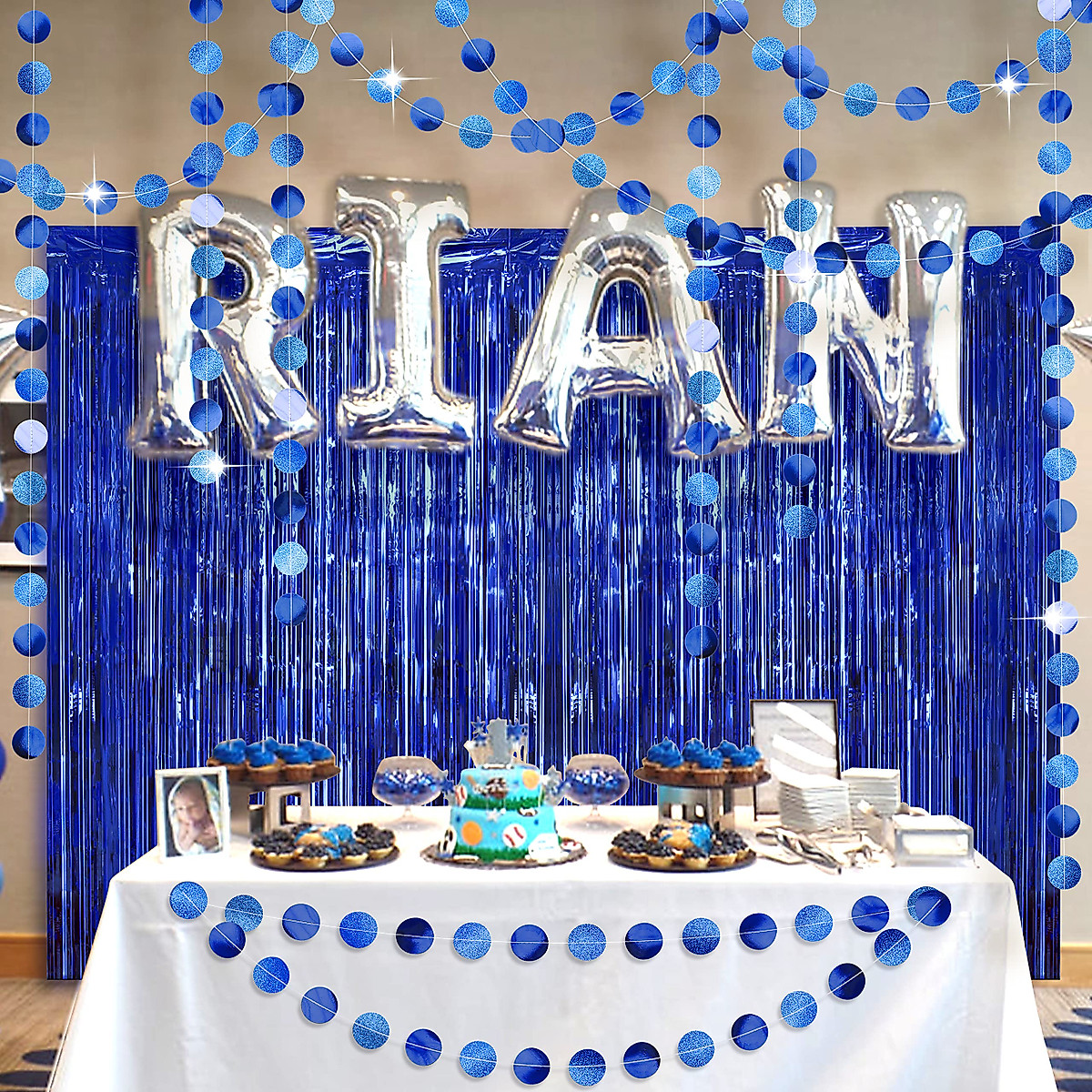 Decor365 Blue Fringe Curtains Blue Party Decorations Blue Circle Garlands Streamers Banner Backdrp for Wedding Graduation Bridal Shower Bachelorette Ramadan Birthday Party Supplies