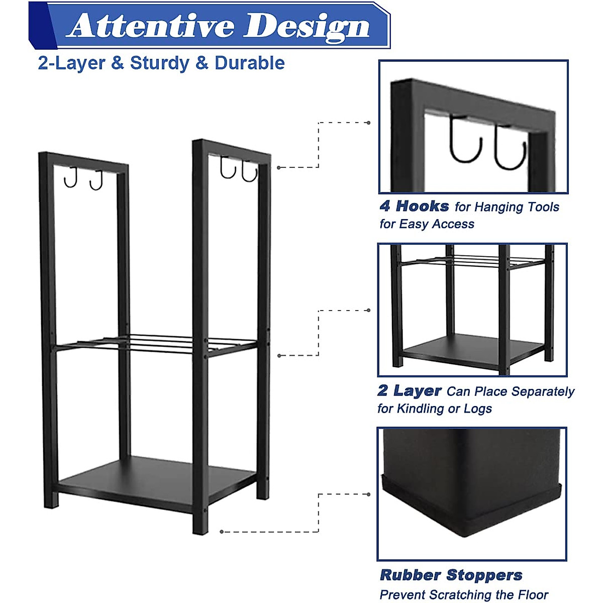 Koutemie 2 Tiers Small Firewood Log Storage Rack Holder for Indoor Fireplace or Outdoor Patio, Black