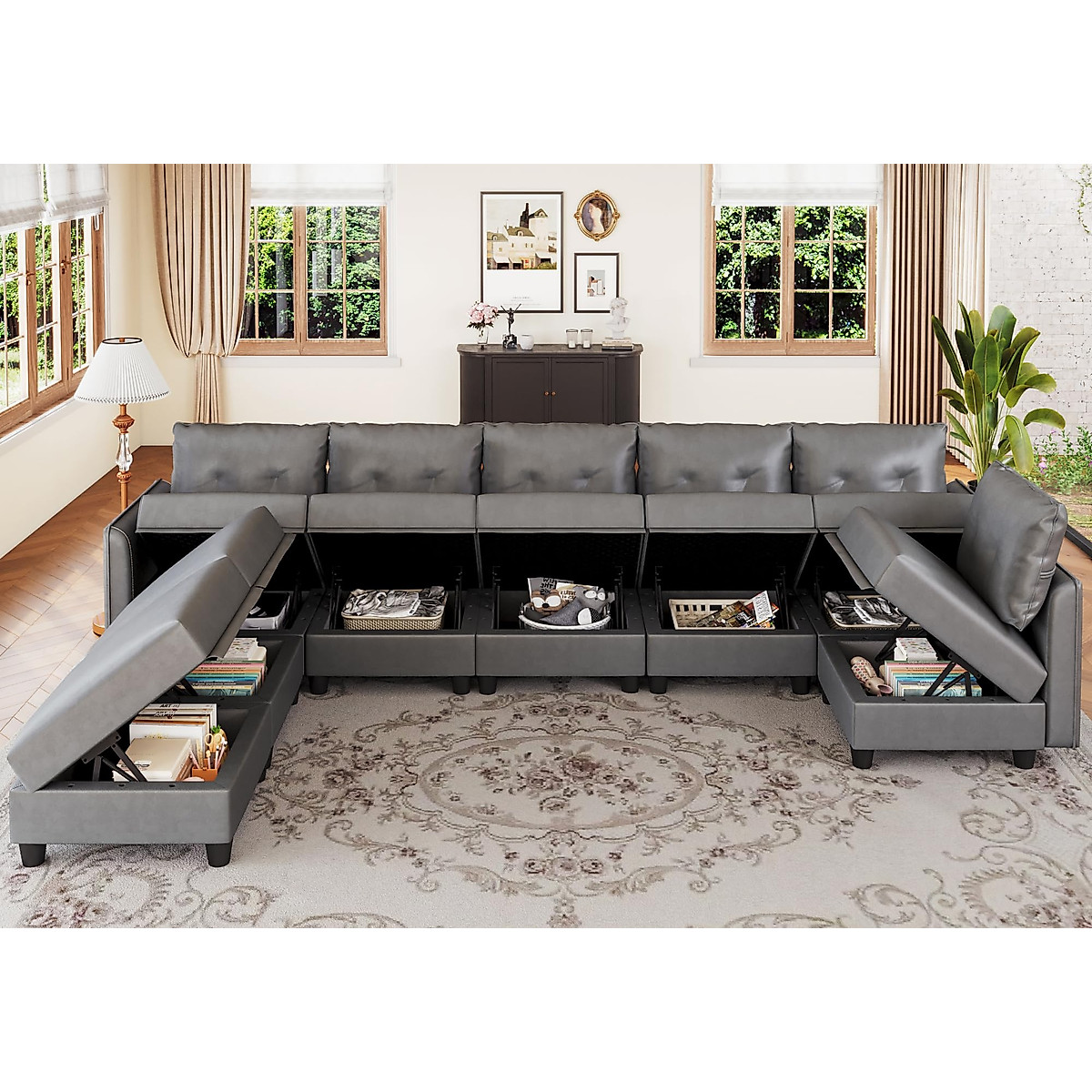 LLappuil Modular Sectional Sofa with Reversible Chaise, U Shaped Couch with Storage, Modern Faux Leather Fabric Sofa with Ottoman, Oversized Sectionals for Living Room, 8 Seat, Dark Grey