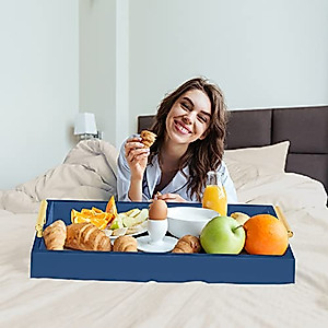 JollyCaper - Coffee Table Tray - with Metal Handles for Serving, Home Decor, Bathroom, Ottoman Design, Wooden Tray 16x12in (Navy Blue)