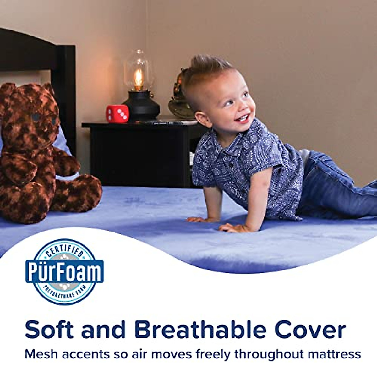 Perfect Cloud Made in The USA Kids Plush 7-inch Memory Foam Twin Mattress, Shredded Foam Pillow, and Teddy Bear for Day/Trundle/Bunk Bed - (Blue)