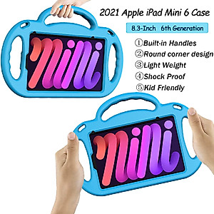 LTROP Kids Case for 2024 iPad Mini 7 & 2021 iPad Mini 6, Shockproof Handle Stand Shoulder Strap Kids Bumper Case for iPad Mini Tablet, Blue