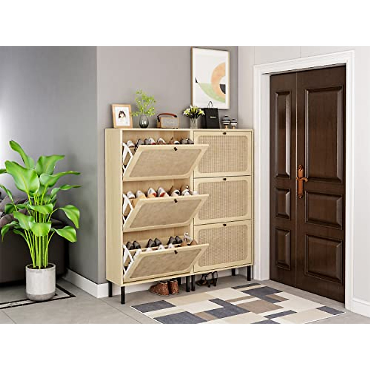 Rattan Shoe Storage Cabinet with 3 Flip Drawers for Entryway, Freestanding Shoe Rack Modern Slim Entryway Shoe Organizer with Half Round Woven Rattan Doors for Hallway (Rattan-3 Drawers)