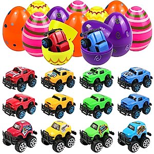 HALOGATE Easter Eggs Fillers Easter Basket Stuffers, 12 PCS Plastic Easter Eggs with Pull Back Cars Inside, Easter Egg Surprise Filled Toy Vehicles for Kids Gifts Party Favors Easter Eggs Hunt